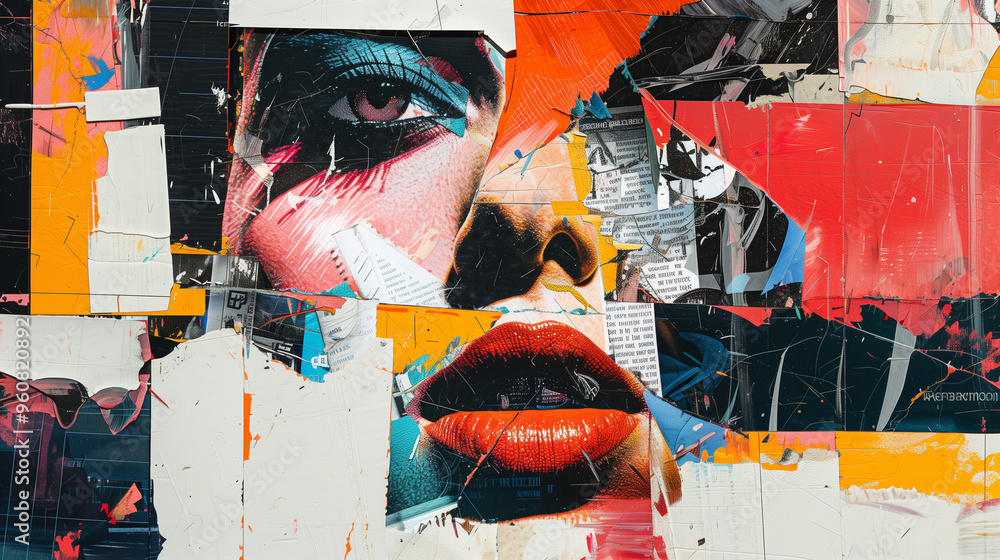 A contemporary art collage featuring fragmented magazine cutouts ...