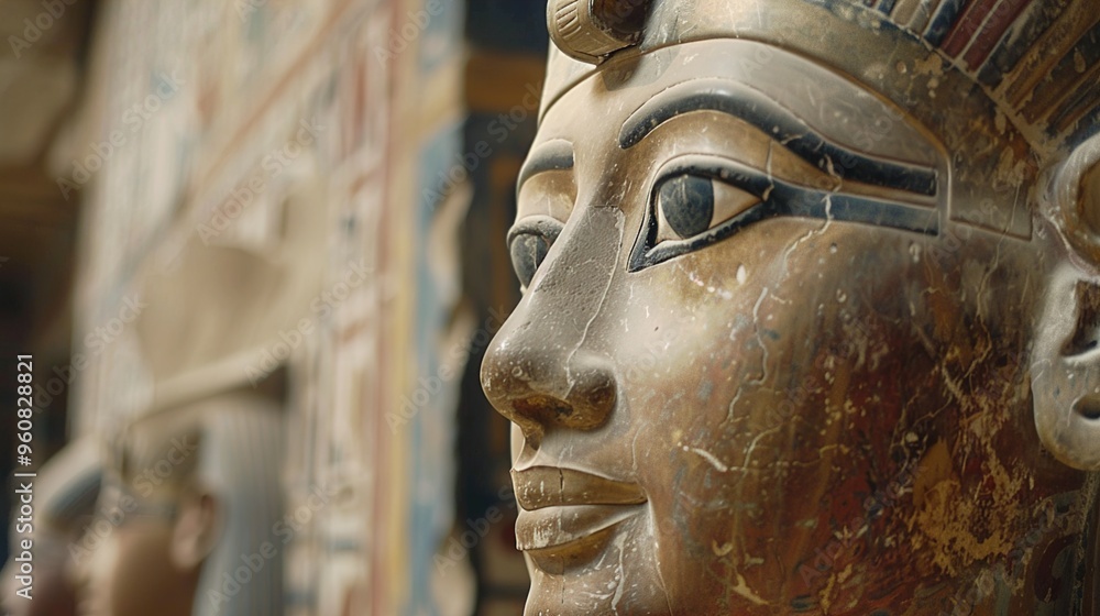 The image features a close-up view of an ancient Egyptian statue's face ...