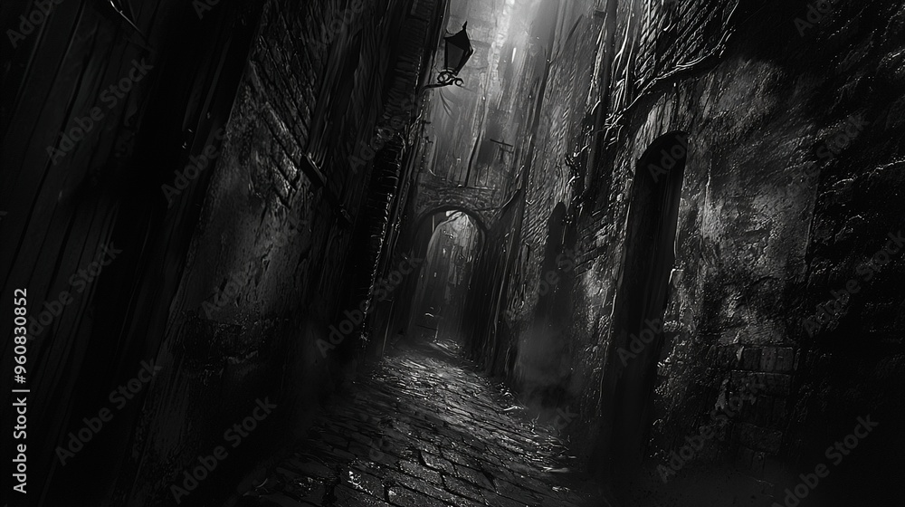 The image depicts a narrow, dimly lit alleyway with wet cobblestone pavement. The walls on ...