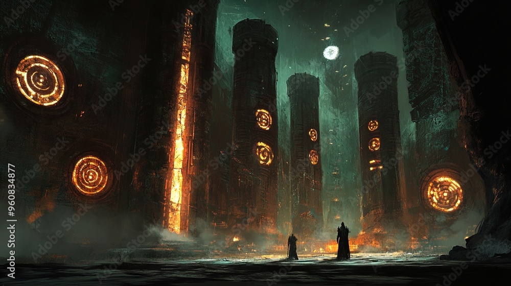 The image depicts a dark, foreboding scene set within a massive ...