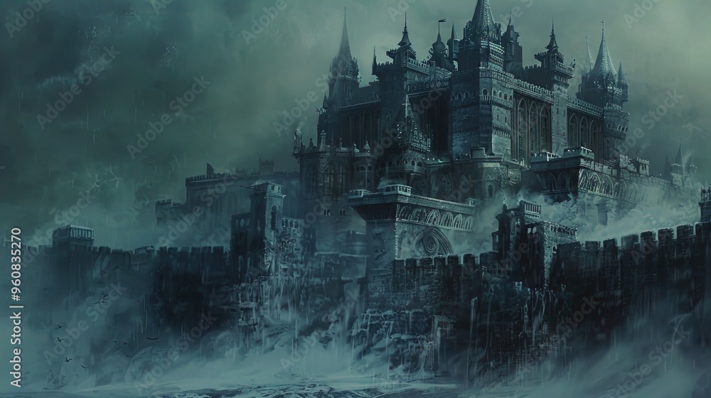 An eerie and dark medieval castle stands ominously amidst a foggy, mist ...