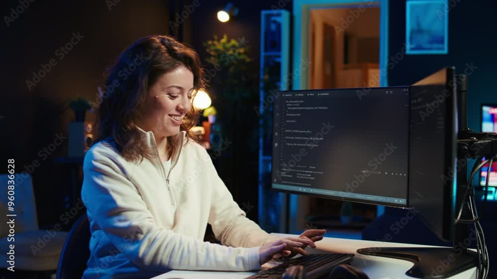 Joyous Woman Doing Software Quality Assurance Celebrating After Reading Source Code And Finding