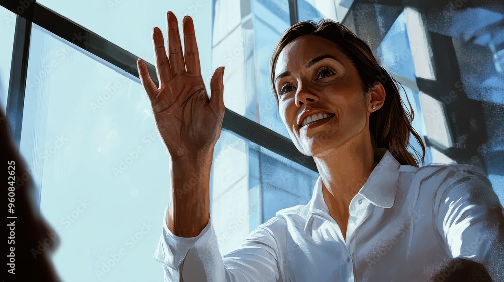Close-up of a woman giving a high-five to a colleague in a meeting room ...