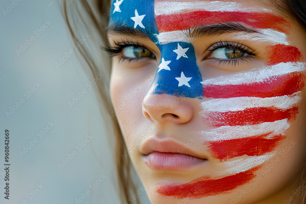Young woman with intense look and American flag face paint, showing ...