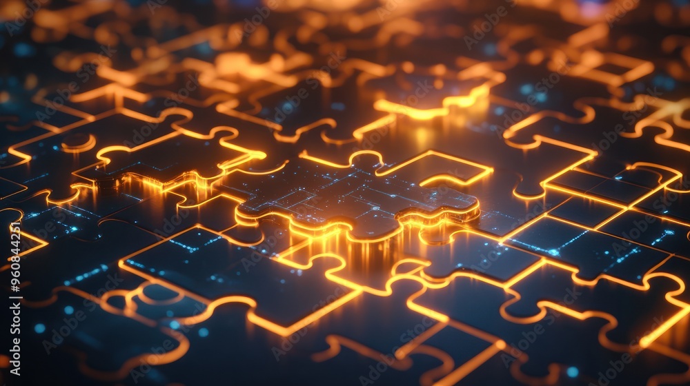 Glowing puzzle pieces connected in a digital network, highlighting ...
