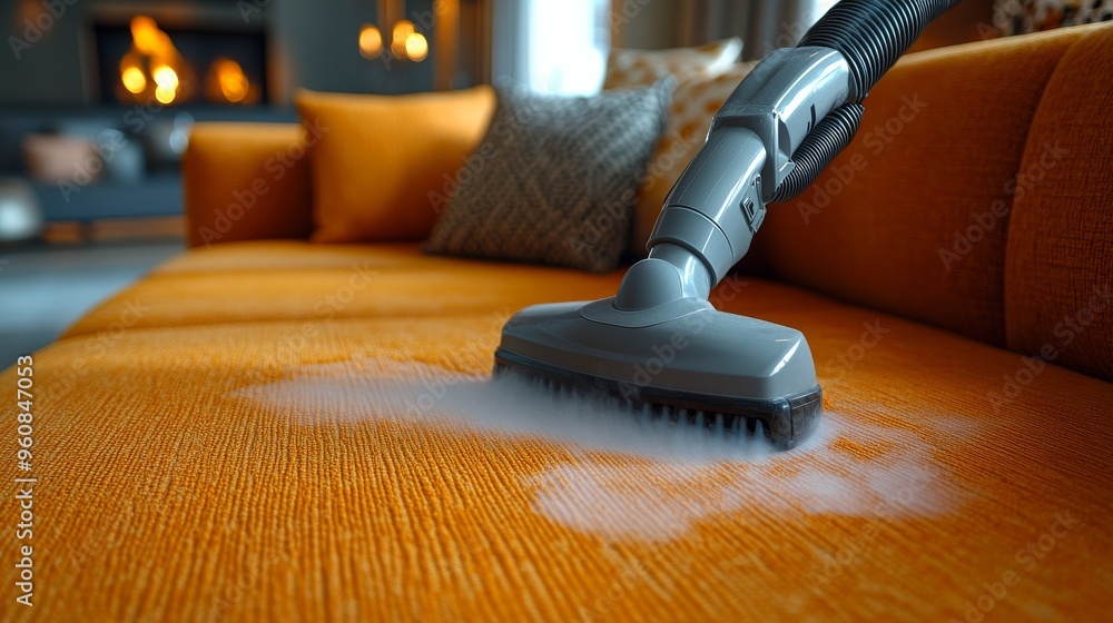 Professional cleaning using a powerful steam cleaner on a sofa in a ...