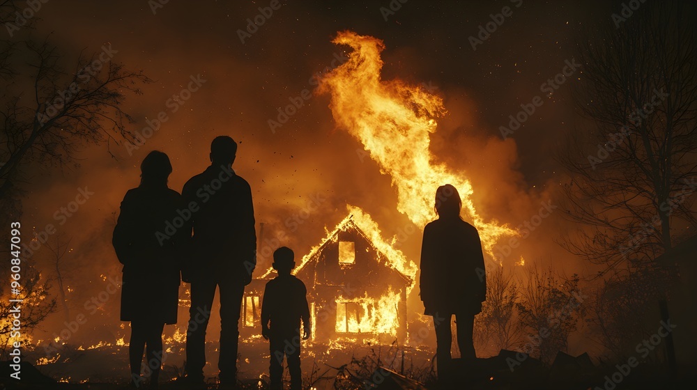 A family witnessing their house on fire from afar, vivid flames and ...