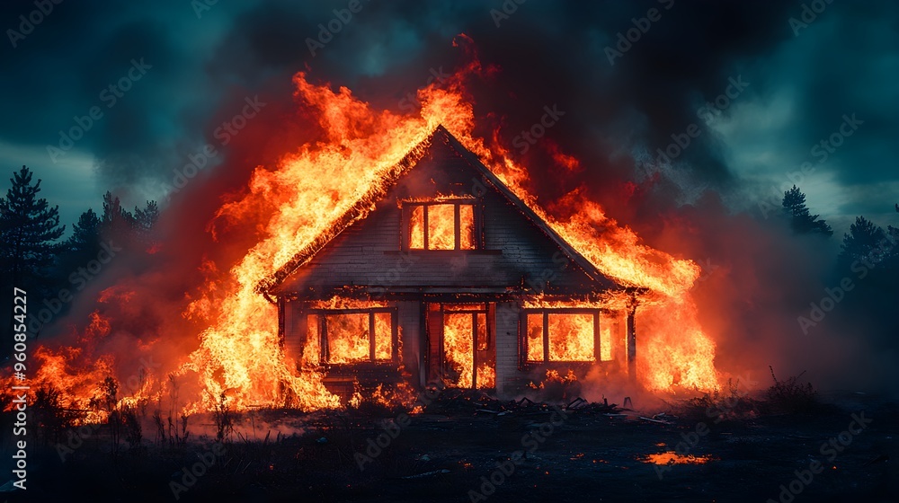 A house engulfed in flames in the dead of night, neighbors in distress ...
