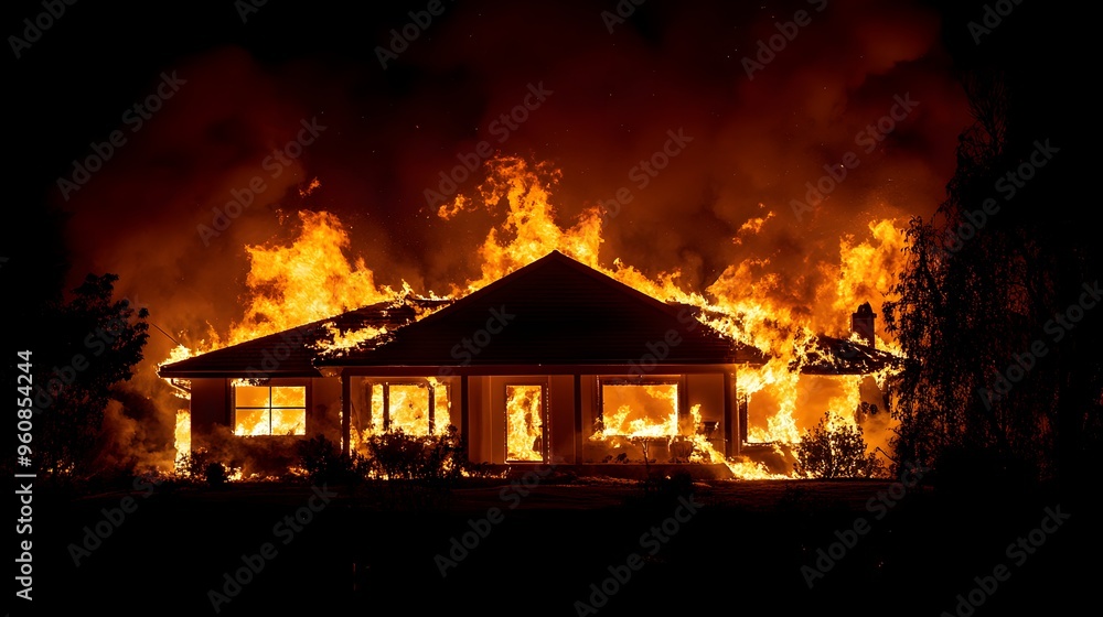 A house engulfed in flames in the dead of night, neighbors in distress ...