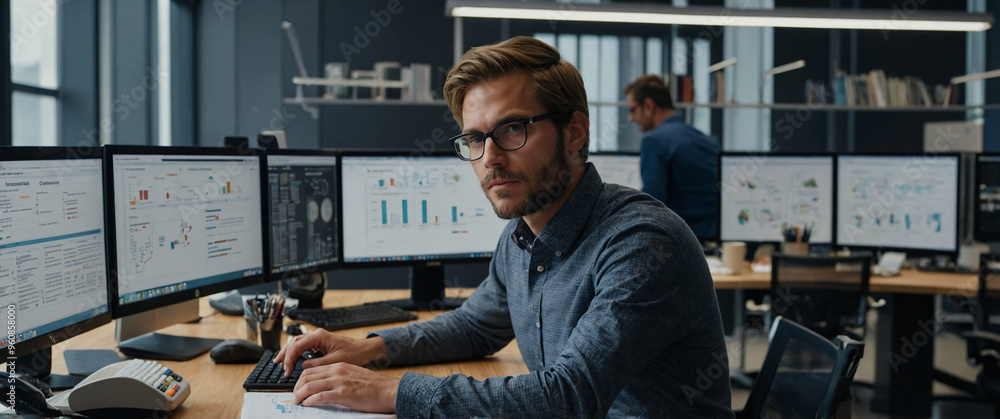 technical personnel and computers with multiple screens displaying ...