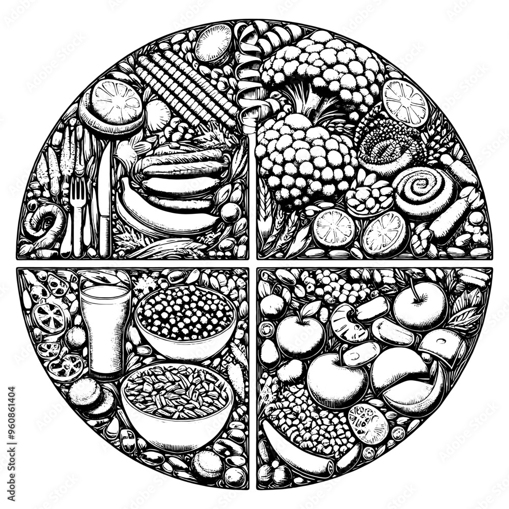 Hand-drawn food groups in a circular chart divided into four sections ...
