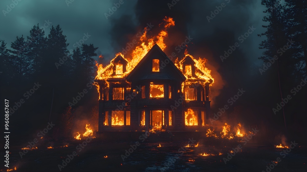 Burning luxury house in a remote area, fire lighting up the surrounding ...