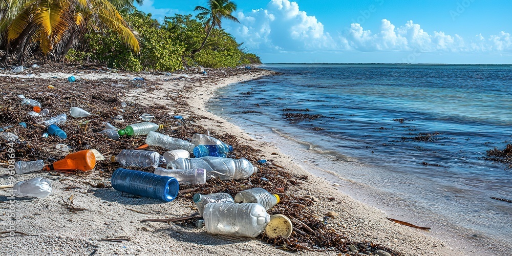 Polluted Shoreline, a beach marred by discarded plastic bottles and ...