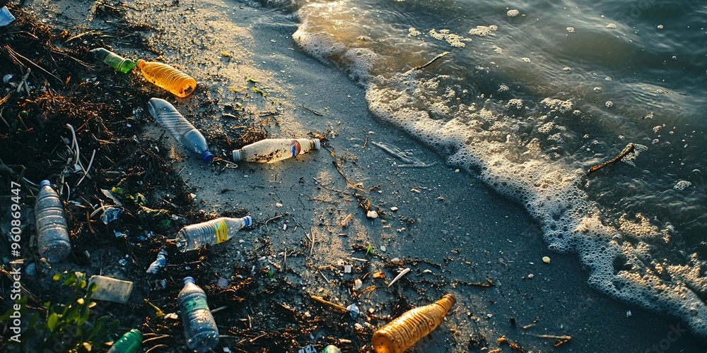 Polluted Shoreline, a beach marred by discarded plastic bottles and ...