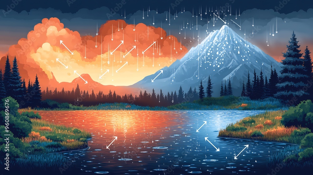 Infographic illustrating the stages of the water cycle evaporation ...