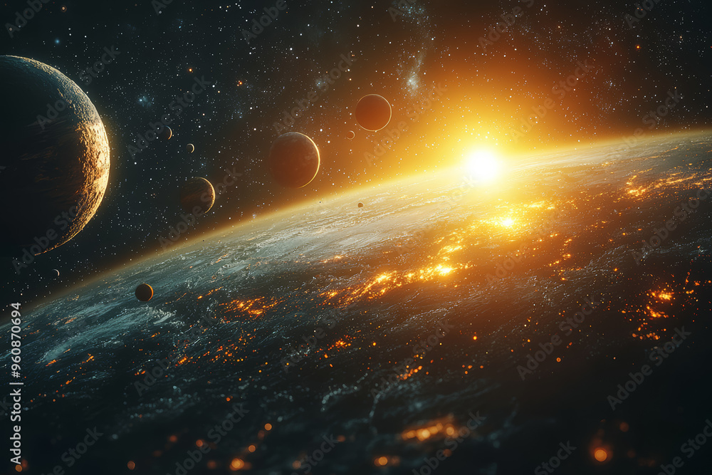 A series of exoplanets orbiting a distant star, captured by a space ...