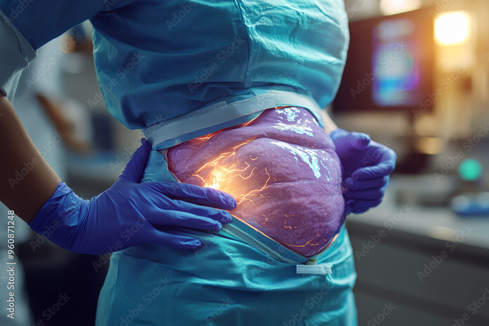 A person with a visible hernia bulge on their abdomen, discussing ...