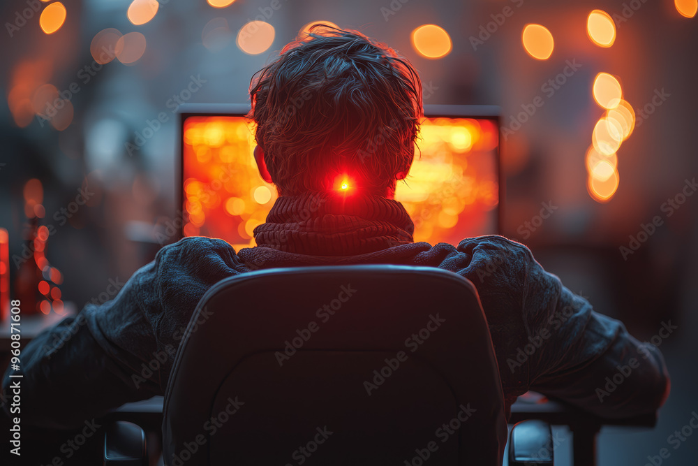 A person struggling with a stiff neck while working at a computer ...