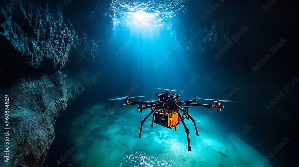 Underwater research drone collecting samples from a hydrothermal vent ...