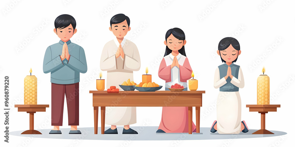 Flat Vector Illustration: Serene Family Moment Praying at Mid Autumn ...