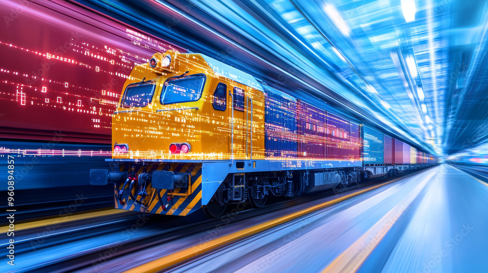 High speed yellow train in a futuristic station with neon lights and ...