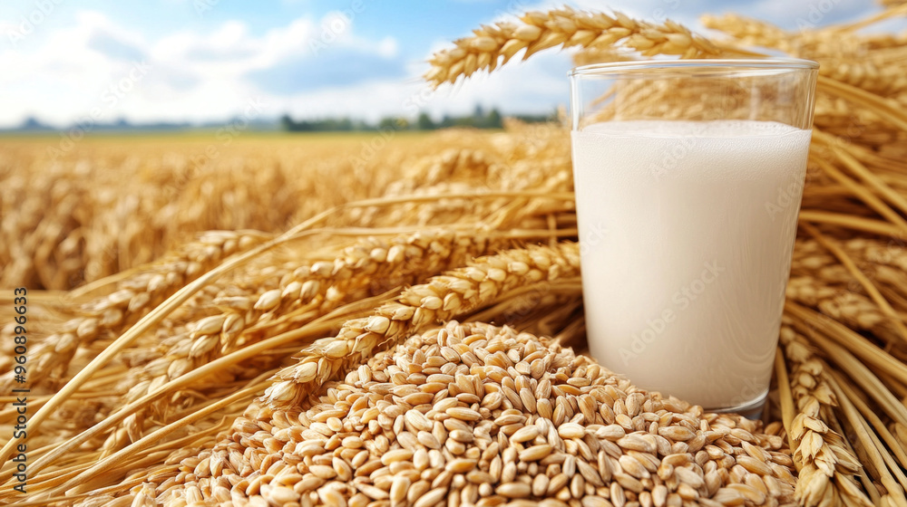 A glass of milk is placed on top of a field of wheat. Concept of ...