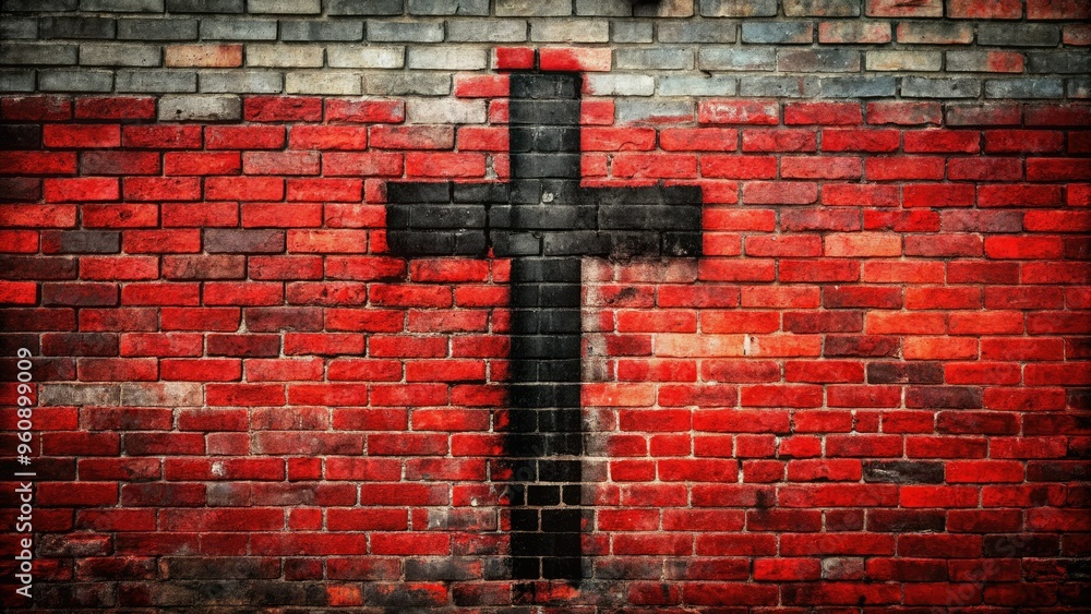 Graffiti denied cross on urban brick wall with bold red and black ...