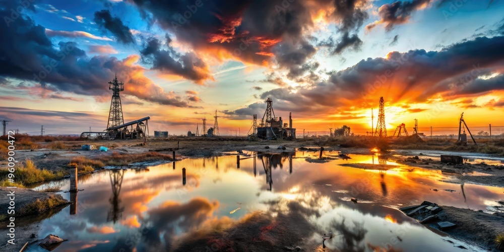 Dramatic dusk sunset over devastated fracking landscape with abandoned ...