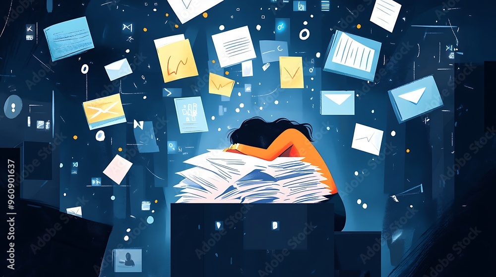 Overwhelmed by Work Woman Buried in Documents and Paperwork Stock ...