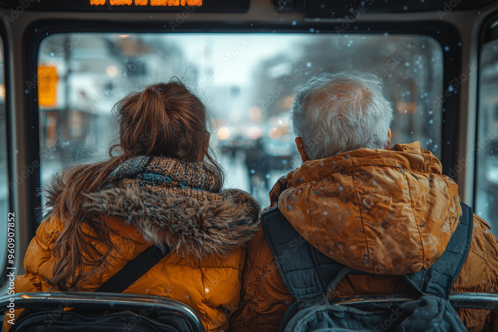 A child offering their seat to an elderly person on the bus, spreading ...