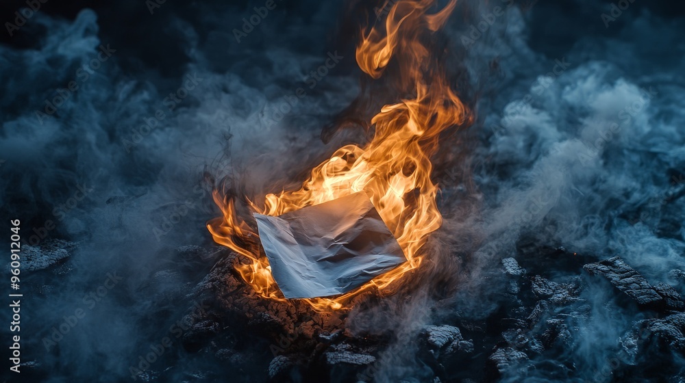 Smoke curls around a piece of burning paper, capturing the moment of ...