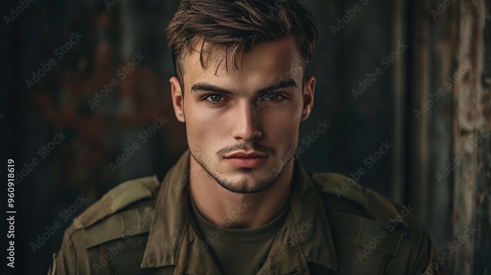 formal portrait of a handsome soldier, looking directly into the camera ...