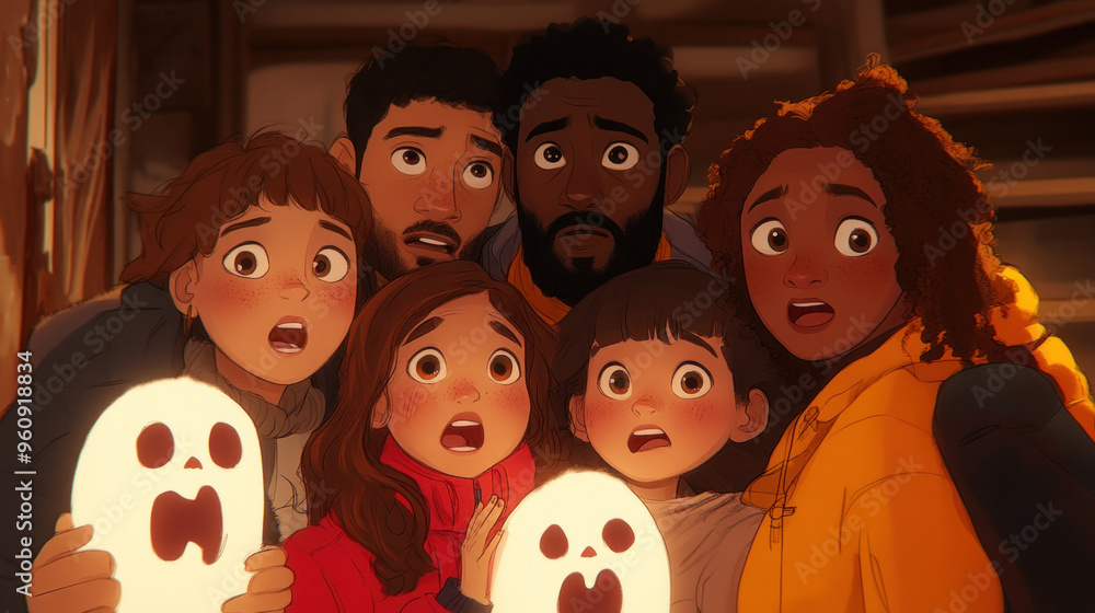 A group of people are holding up a white object with a scary face on it ...