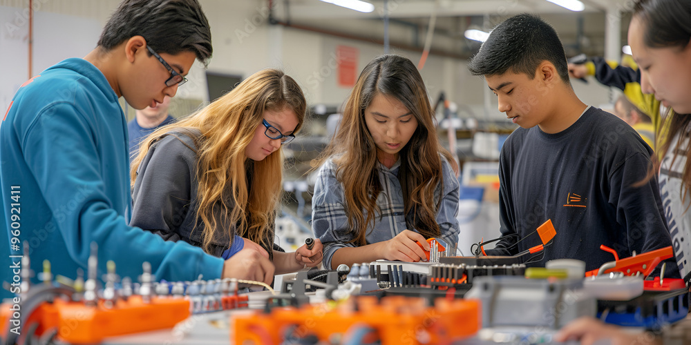 Engineering students working on robotics project, Group of students ...