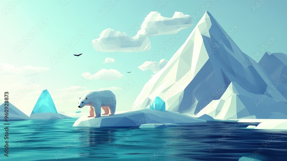 Low polygon, island, iceberg, polar bear, mini game scene, geometric ...