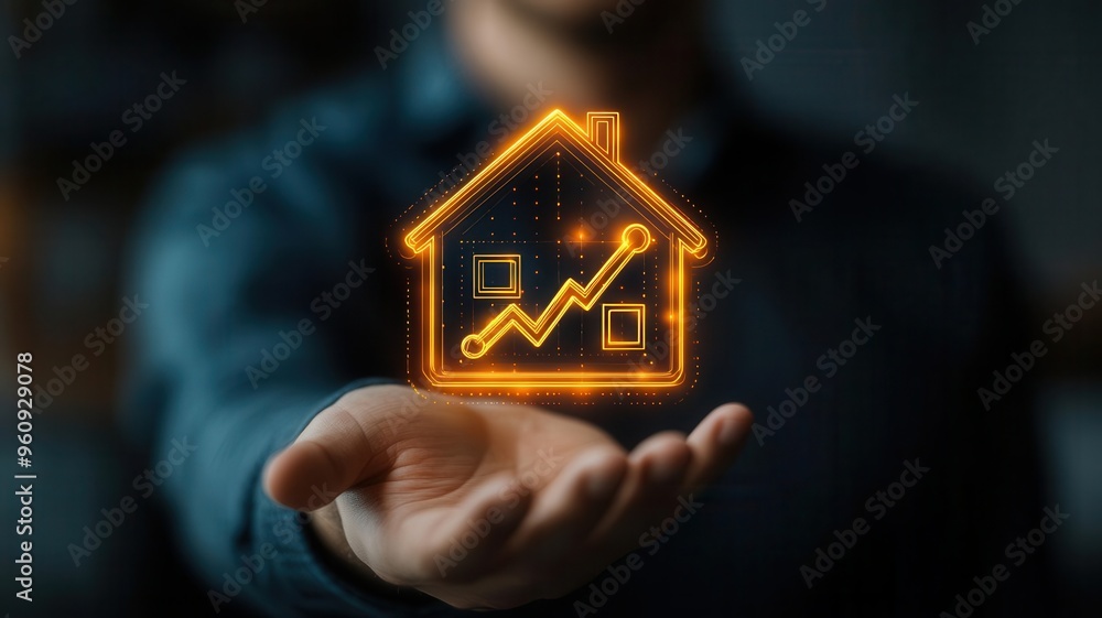Male professional in background touches glowing house icon with rising ...