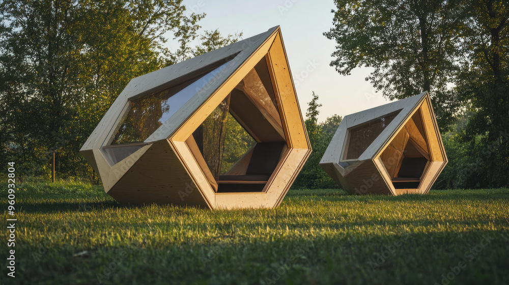 Cubic camping pod featuring trapezoidal and parallelogram forms, with ...