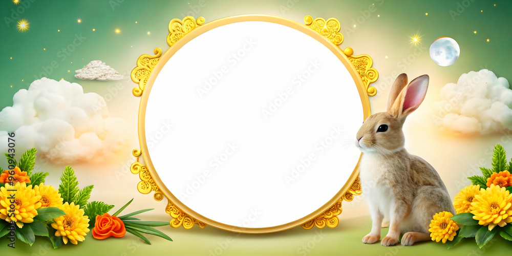 Jade Rabbit and Moon Border Frame with Copy Space: Mid Autumn Greetings ...