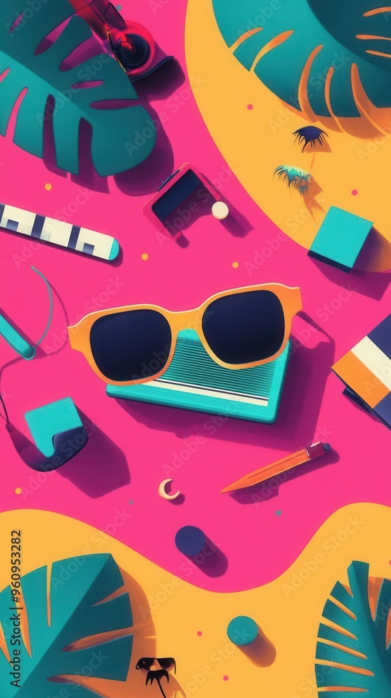 80s beach party flat design top view festival theme animation Triadic ...