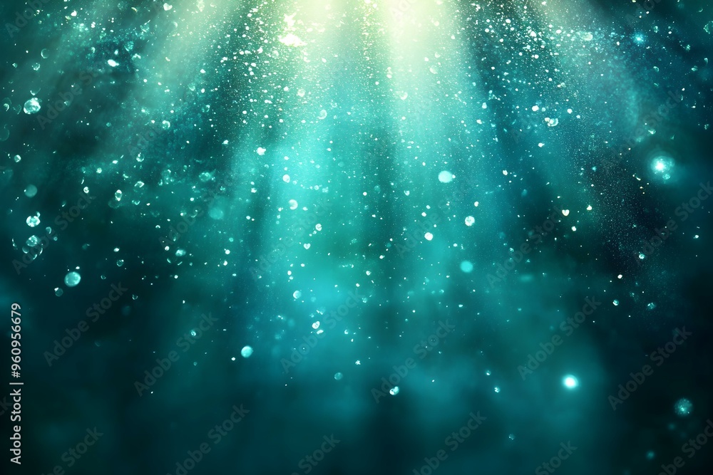 Blurred falling lights and dust Blue green enchanting light rays ...