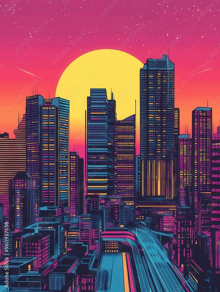 Create an 80s pop album cover in flat design, side view, vibrant ...