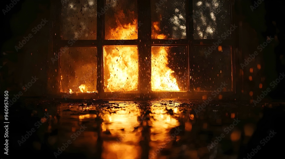 Nighttime house fire under torrential rain, water splashing against ...