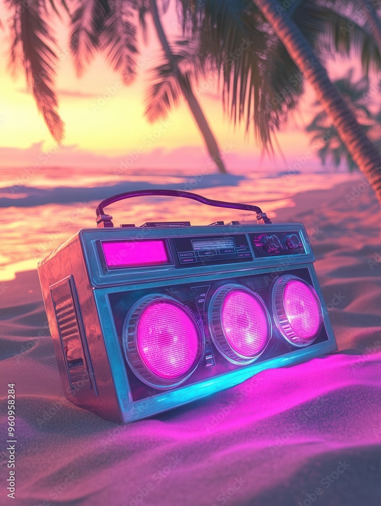 Isolated retro boombox on sandy beach with palm trees and neoncolored ...