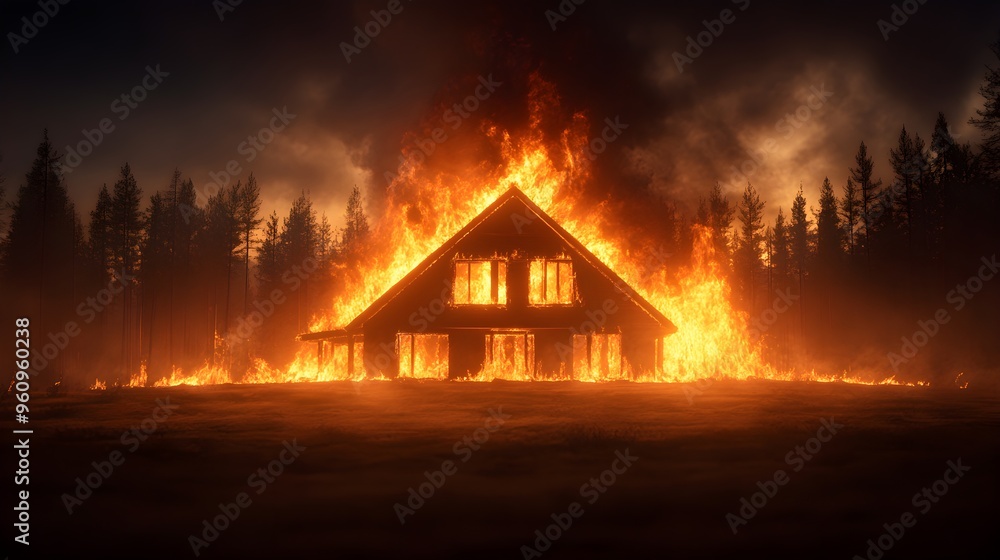 A house on the edge of destruction, wildfire flames consuming the ...