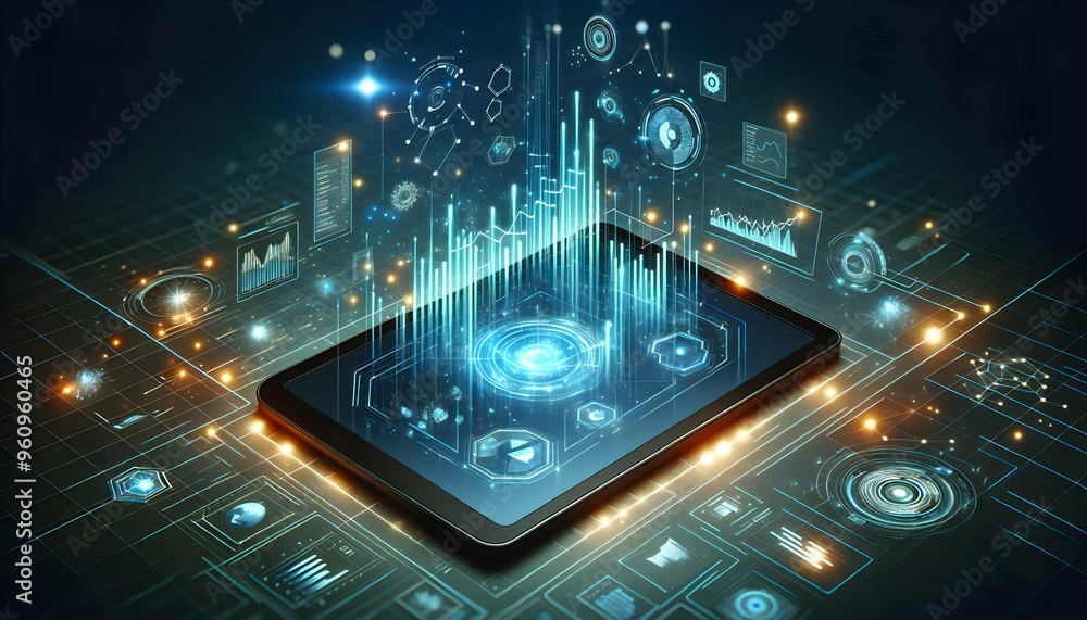 Cutting-Edge Tablet with Holographic Charts and Copy Space - Futuristic ...