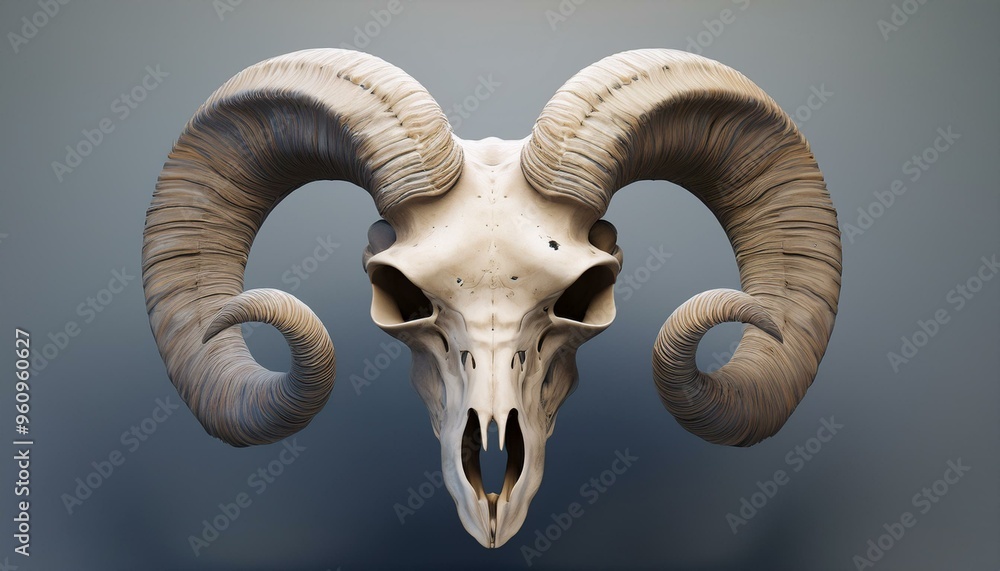 Ram skull with spiraling horns, positioned symmetrically, floating in ...