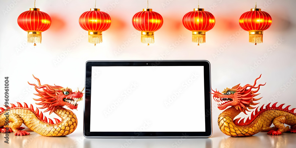 Mid Autumn Festival Tablet: Holographic Dragon & Lanterns, Blank Screen ...