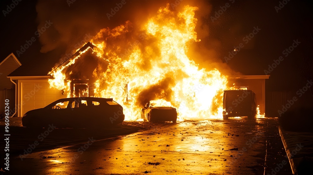 Intense house fire at night, vehicles on fire in the driveway ...