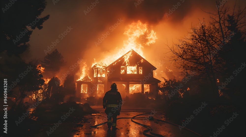 Intense house fire at night with a collapsing roof, sparks and debris ...