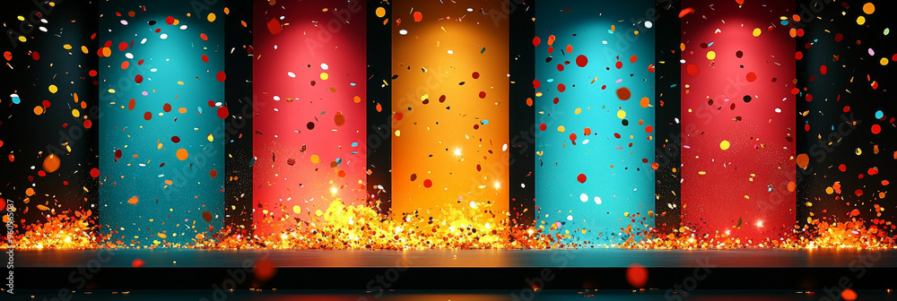 Confetti falls on a stage with colorful backdrops. Stock Illustration ...